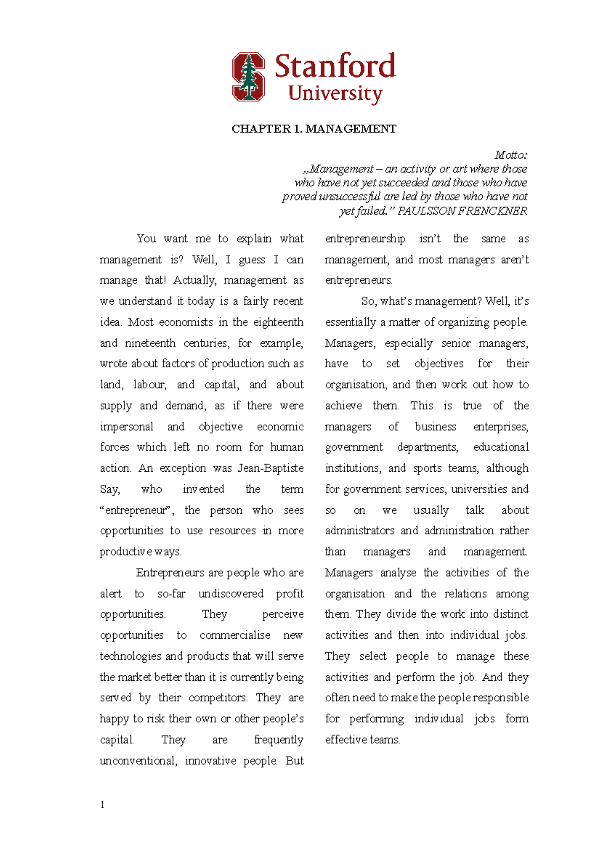 97533064 Management Stanford University Chapter 1 Management Motto „management An Activity