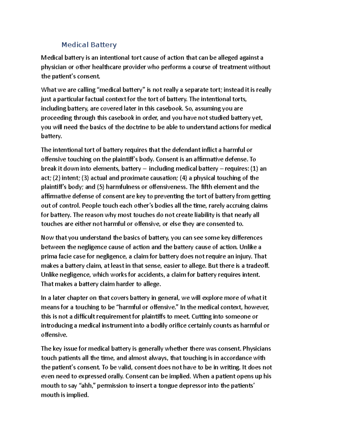 Tort law m82 - Tort law - Medical Battery Medical battery is an ...