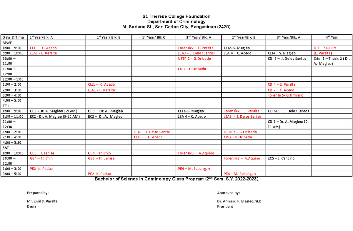 Class Program 2nd Sem - For study purposes - St. Therese College ...