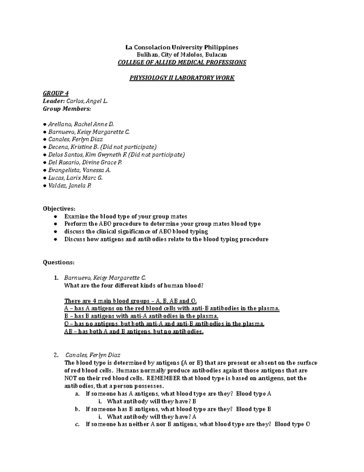 Group 4 Blood Typing Lab Experiment - La Consolacion University ...