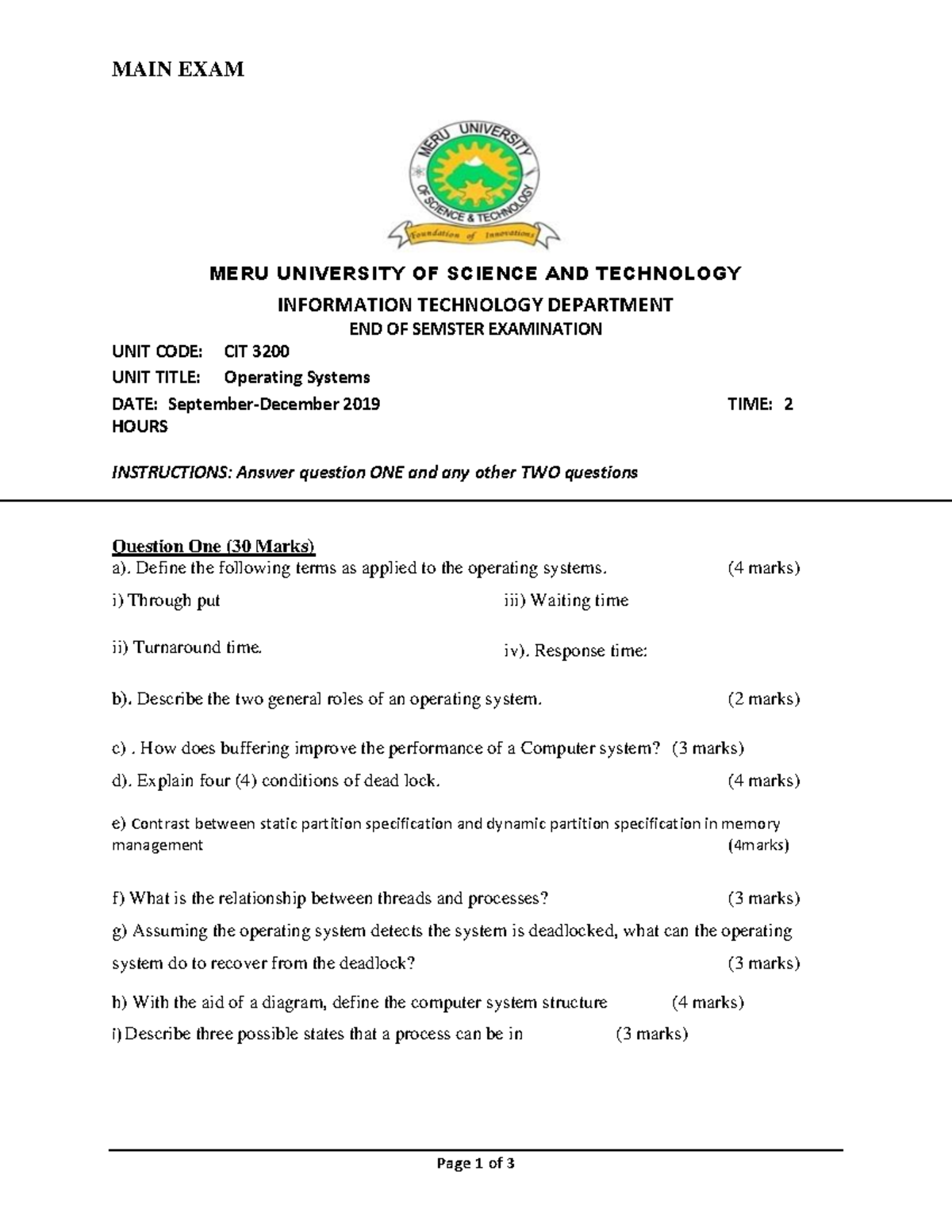 CIT 3200 Operating Systems - MAIN EXAM Page 1 of 3 MERU UNIVERSITY OF ...