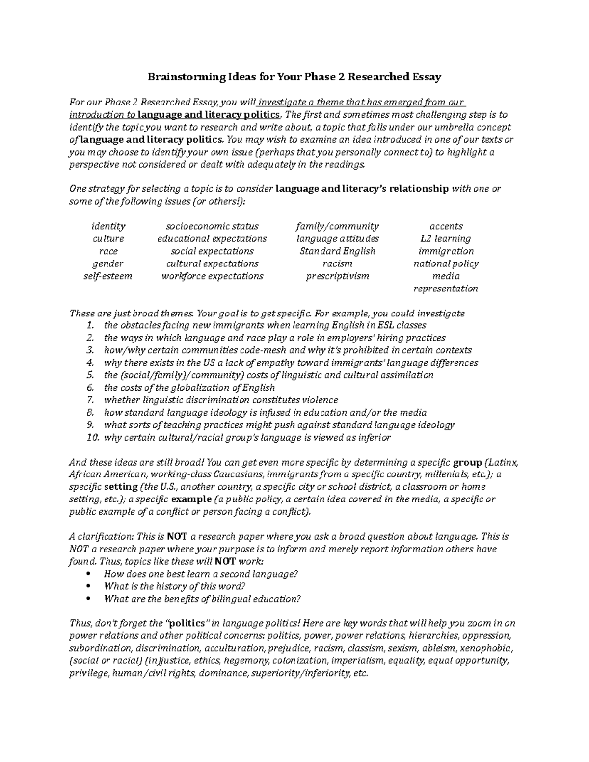 Researched Essay Brainstorm Tips Handout - Brainstorming Ideas for Your ...