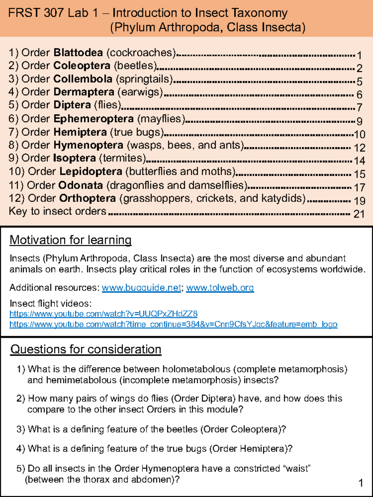 Lab 1 Introduction to Insect Taxonomy Lab Guide - (Phylum Arthropoda, Class Insecta) 1) Order ...