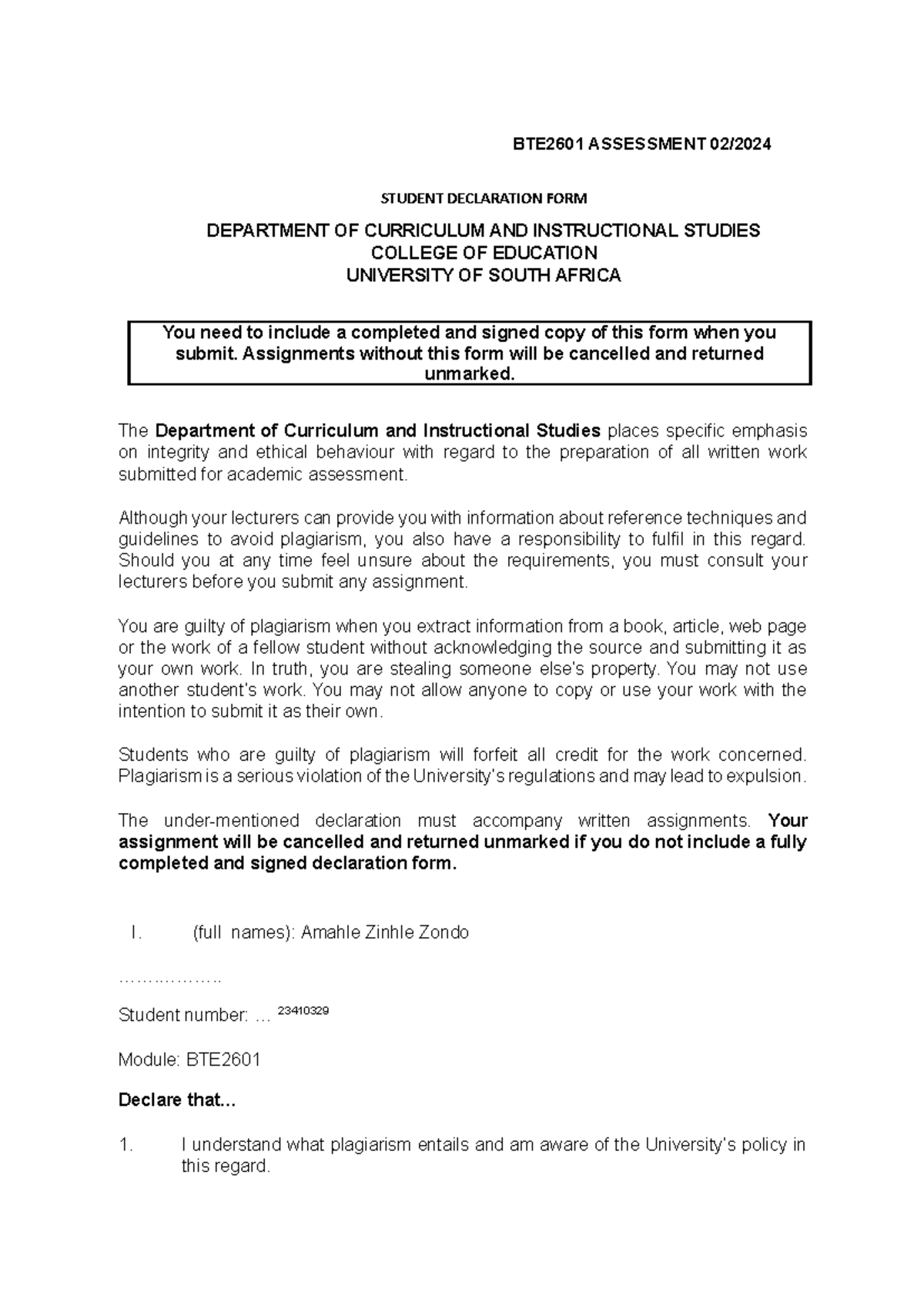 BTE2601 assignment 2 - BTE2601 ASSESSMENT 02/ STUDENT DECLARATION FORM DEPARTMENT OF CURRICULUM ...