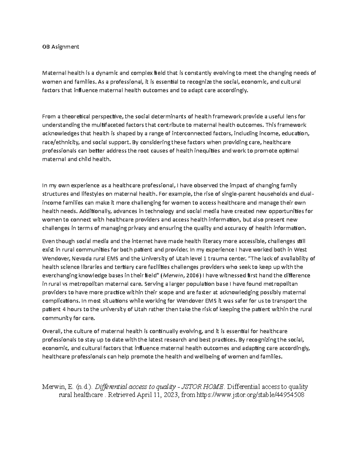 OB clinical asignment - OB Asignment Maternal health is a dynamic and ...