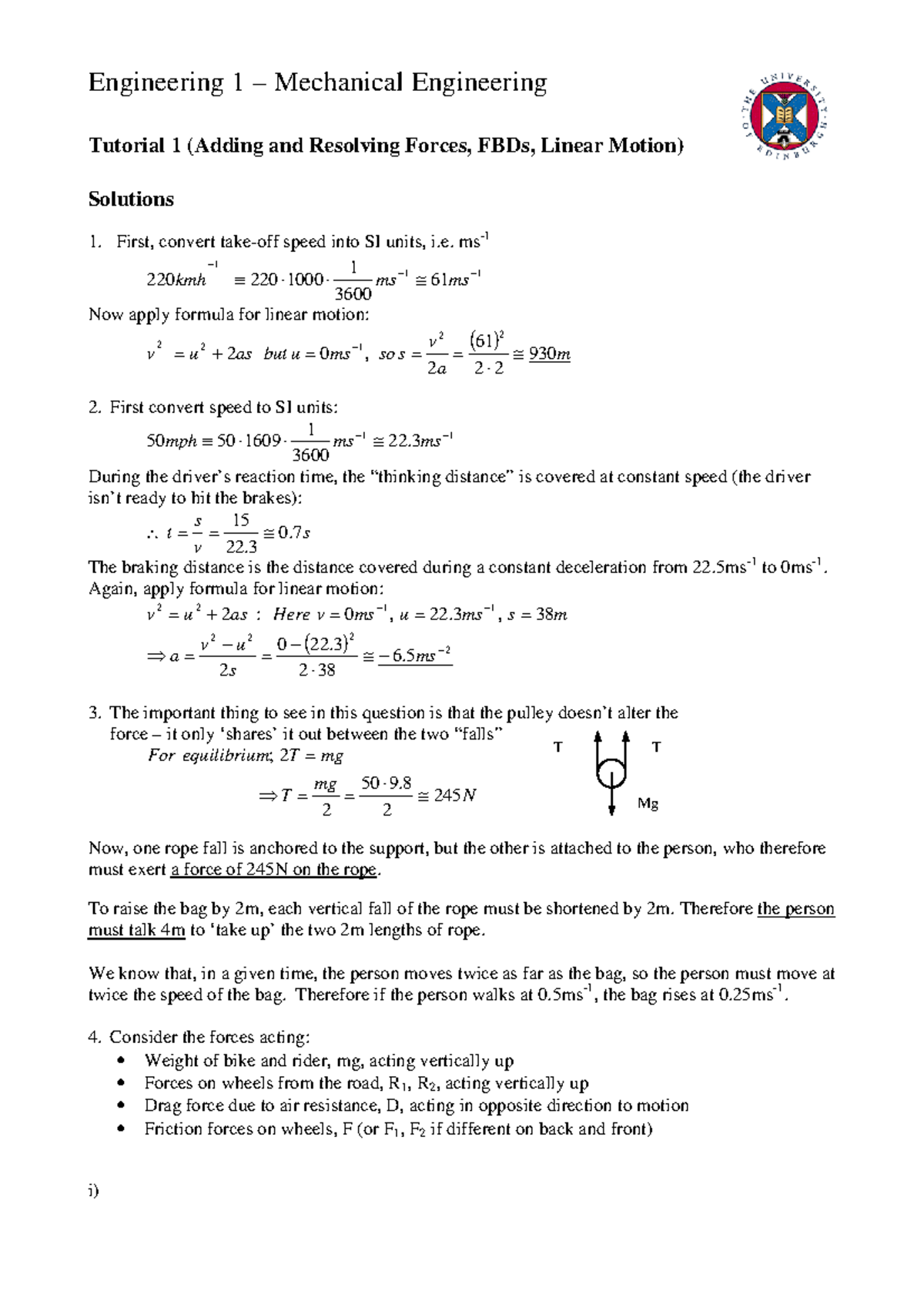 Tutorial Solutions 1 - Engineering 1 – Mechanical Engineering Tutorial 1 (Adding and Resolving ...