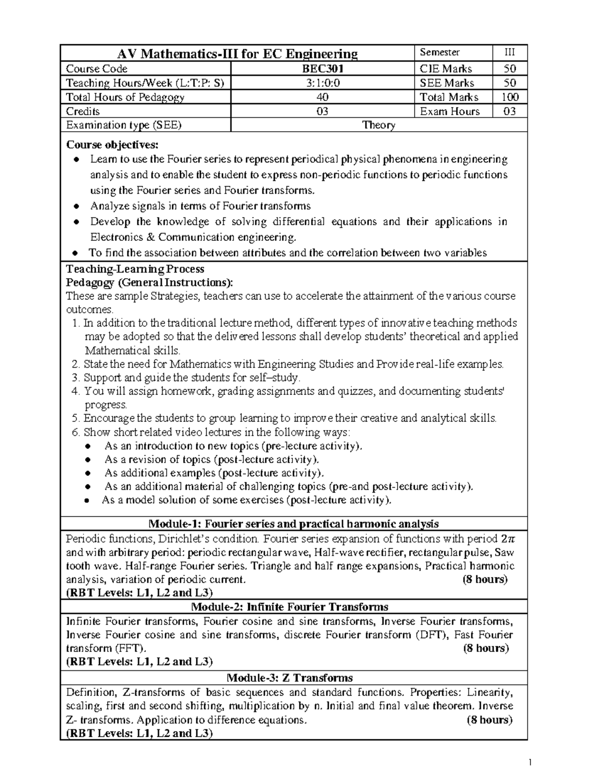 BEC301 - Hlo - 1 AV Mathematics-III for EC Engineering Semester III ...