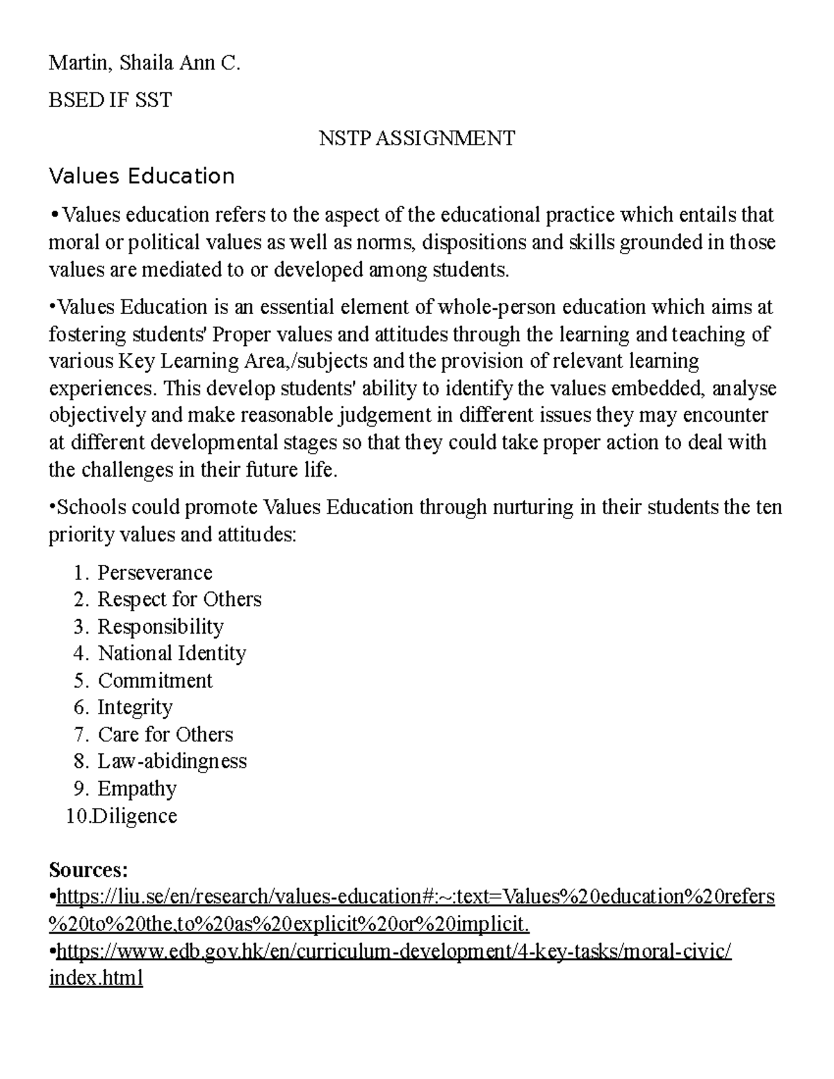 NSTP - Martin, Shaila Ann C. BSED IF SST NSTP ASSIGNMENT Values ...
