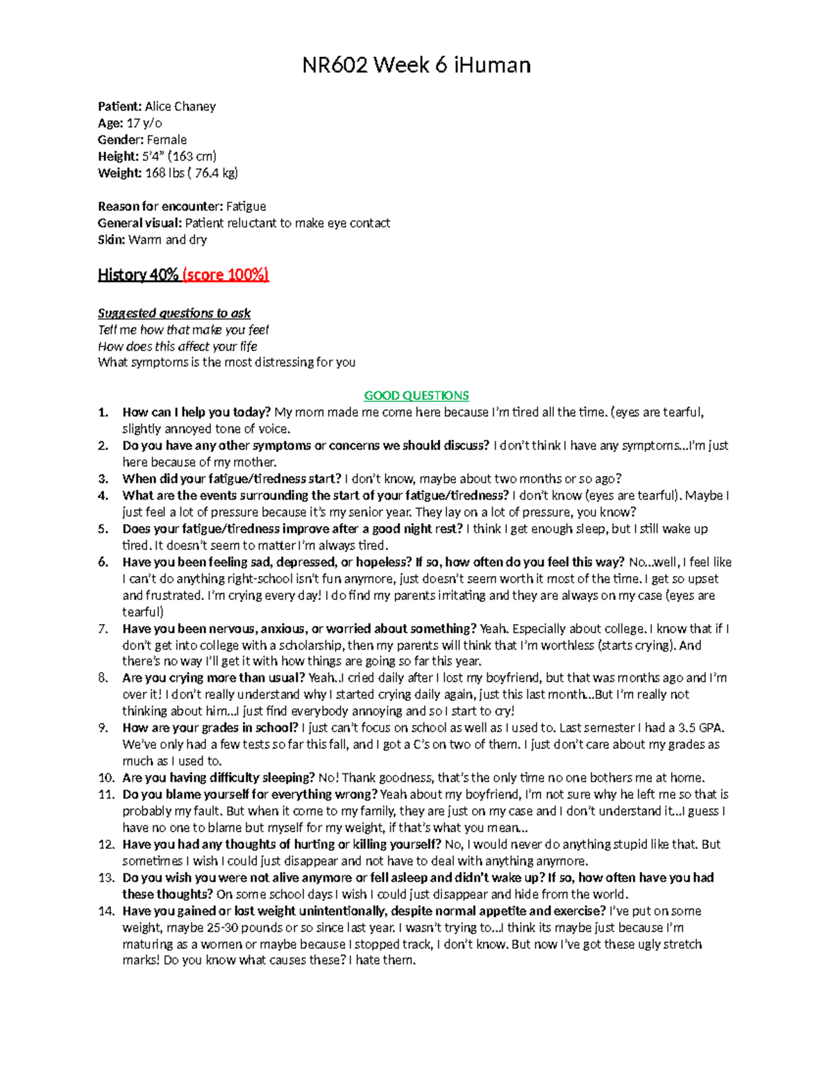 NR602 Week Six i Human Notes - Patient: Alice Chaney Age: 17 y/o Gender ...