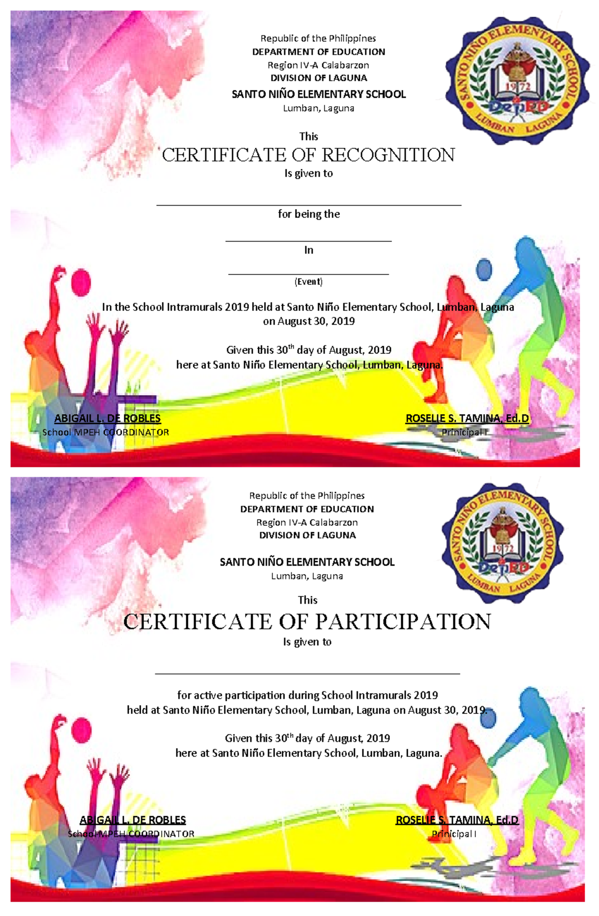 Intrams-certificate compress - This CERTIFICATE OF RECOGNITION Is given ...