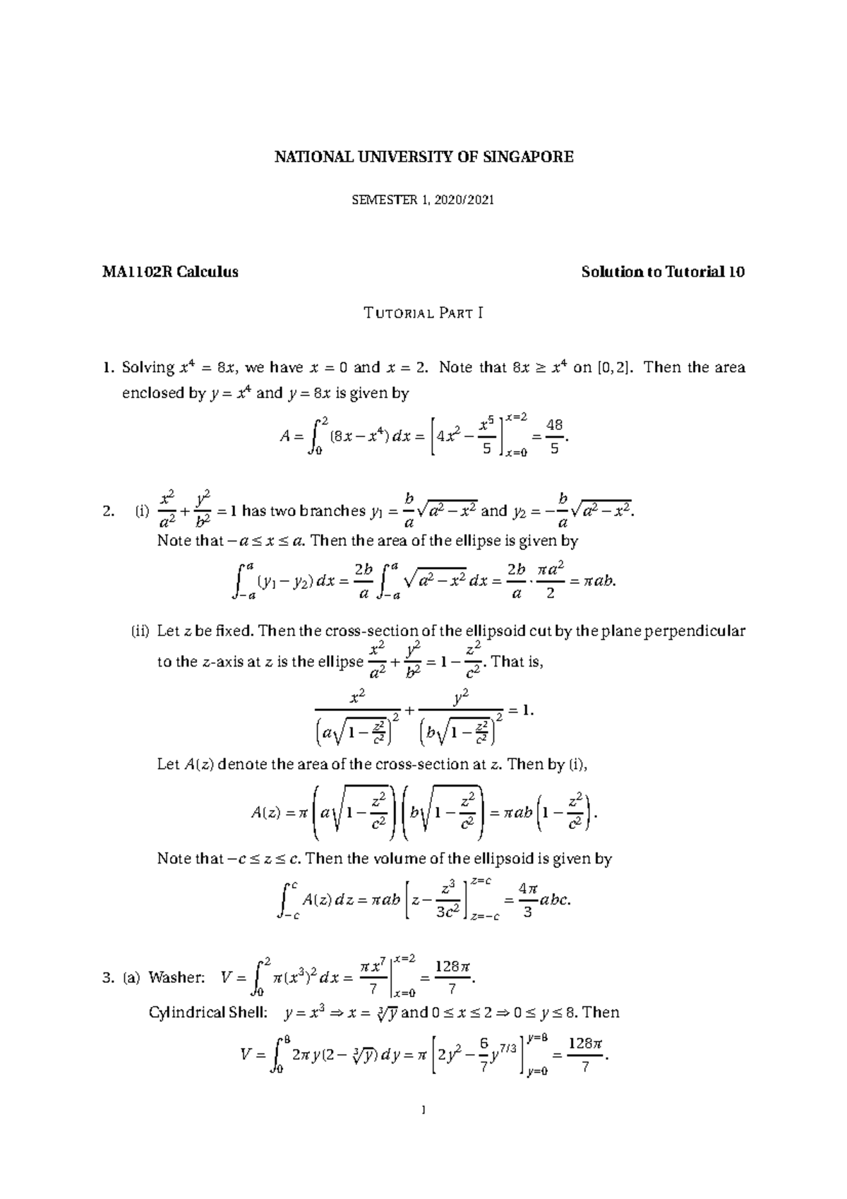 MA1102R Tutorial 10 Solution 20/21 Sem 1 - MA1101R - NUS - Studocu
