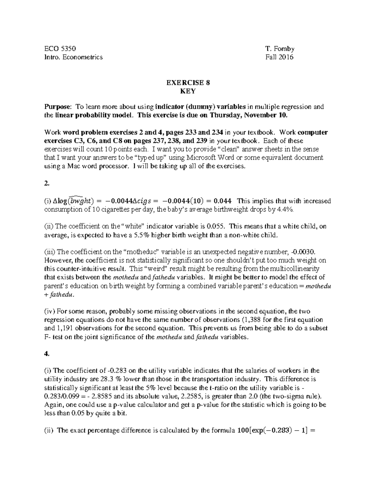 Exercise 8 Key - it is introduction to Econometrics work sheet and ...