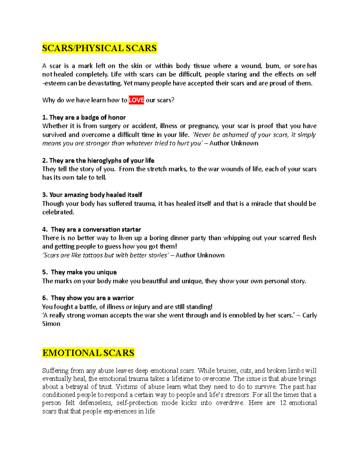 Scars - Notes for HUMSS - SCARS/PHYSICAL SCARS A scar is a mark left on ...