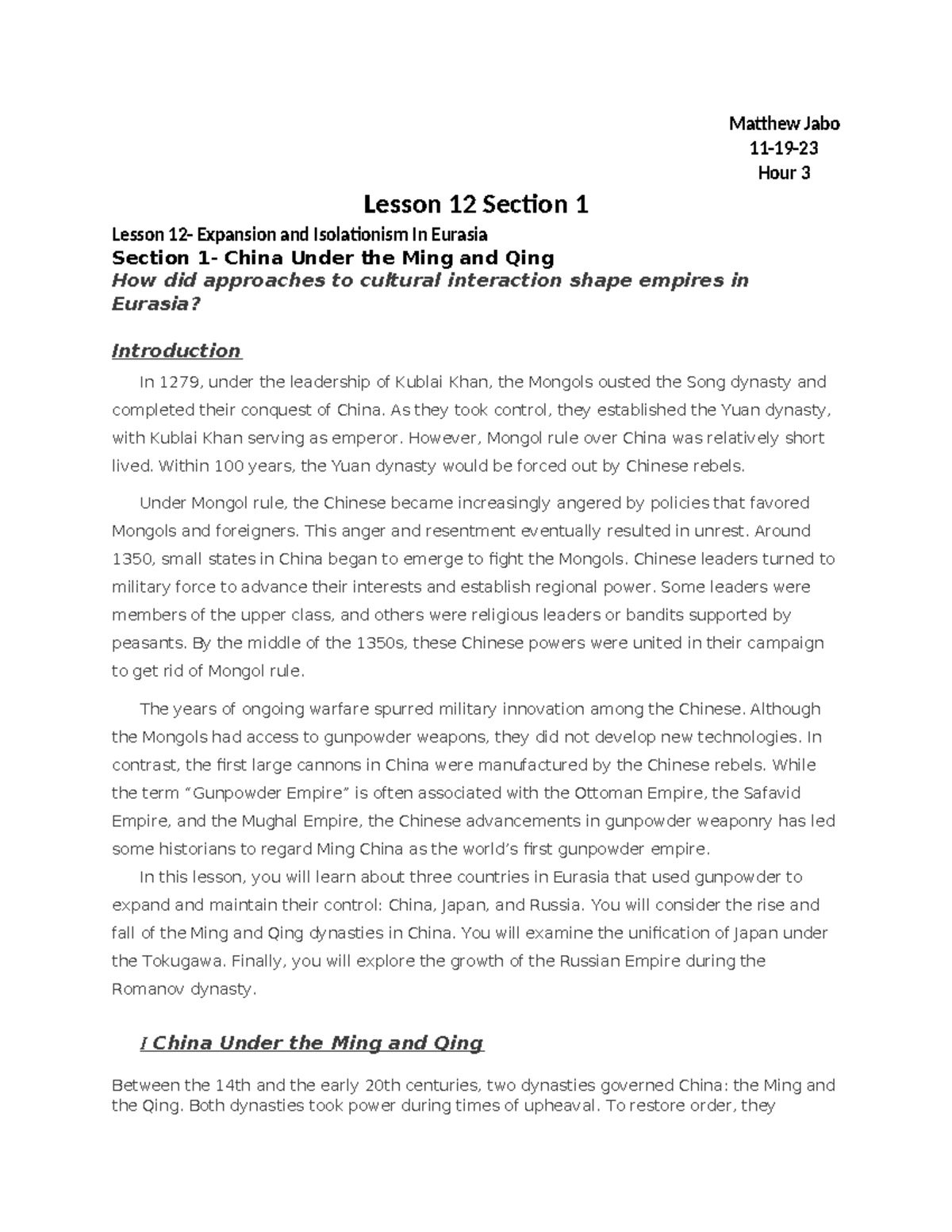 Lesson 12 section 1 2 - Juhhhgg - Matthew Jabo 11-19- Hour 3 Lesson 12 ...