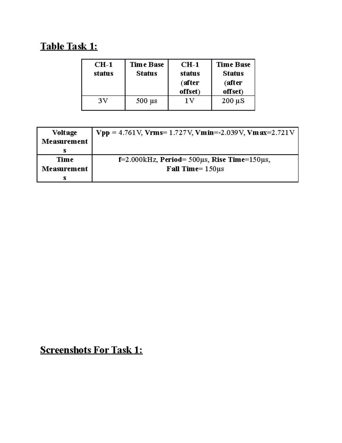 Eca 2 Lab Report 1 - Table Task 1: CH- status Time Base Status CH- status (after offset) Time ...