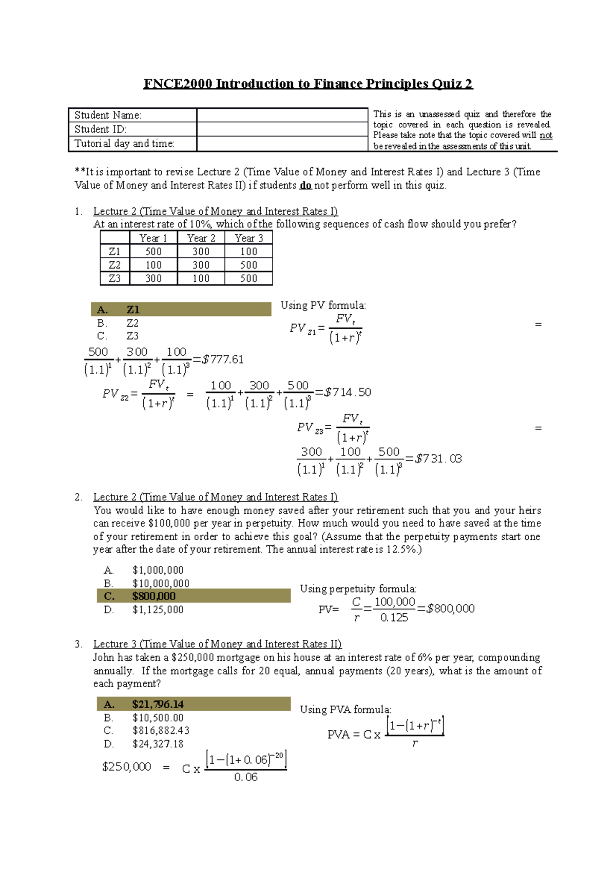 FNCE2000 Introduction to Finance Principles Quiz 2 Revised solutions ...