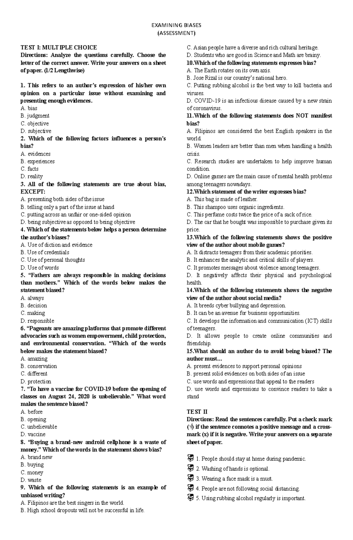 Examining Biases Assessment - EXAMINING BIASES (ASSESSMENT) TEST I ...