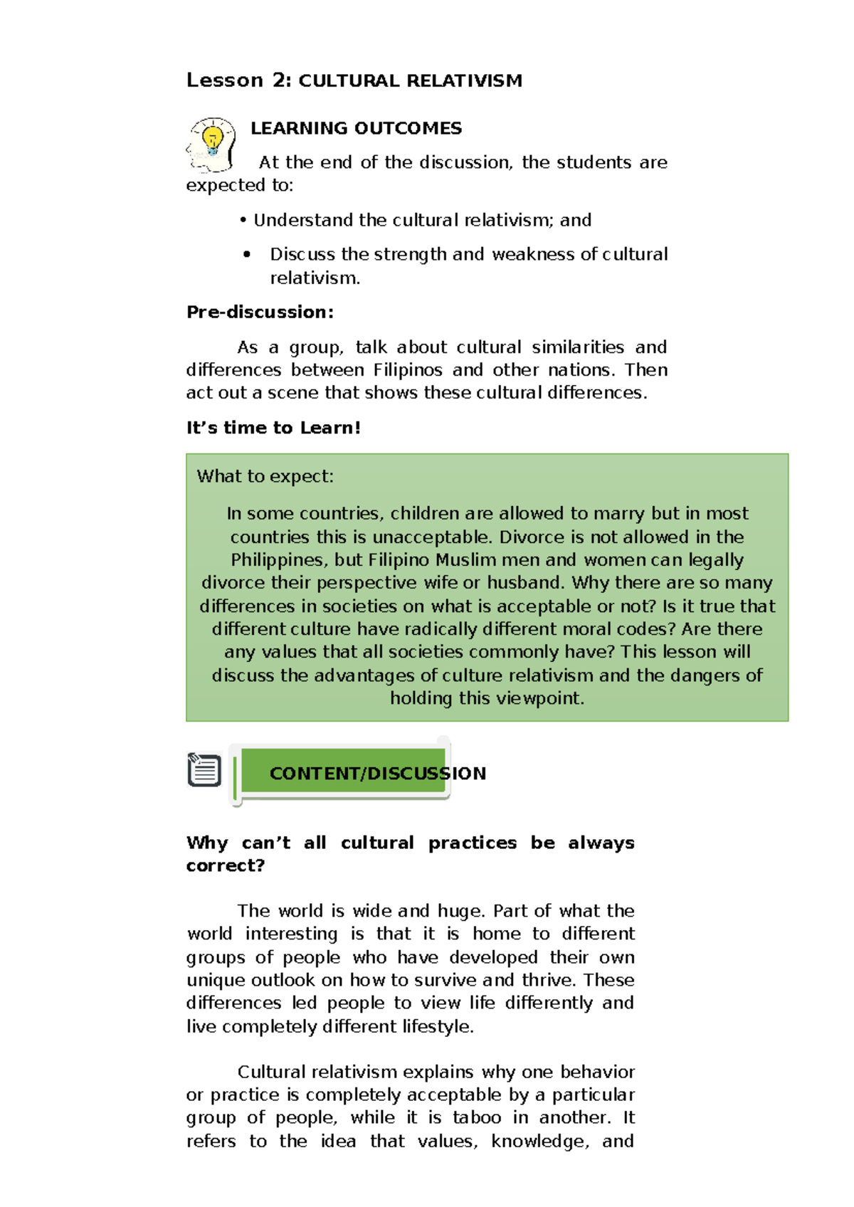 Ethics Chapter 1 Lesson 2 Cultural Relativism - What to expect: In some ...