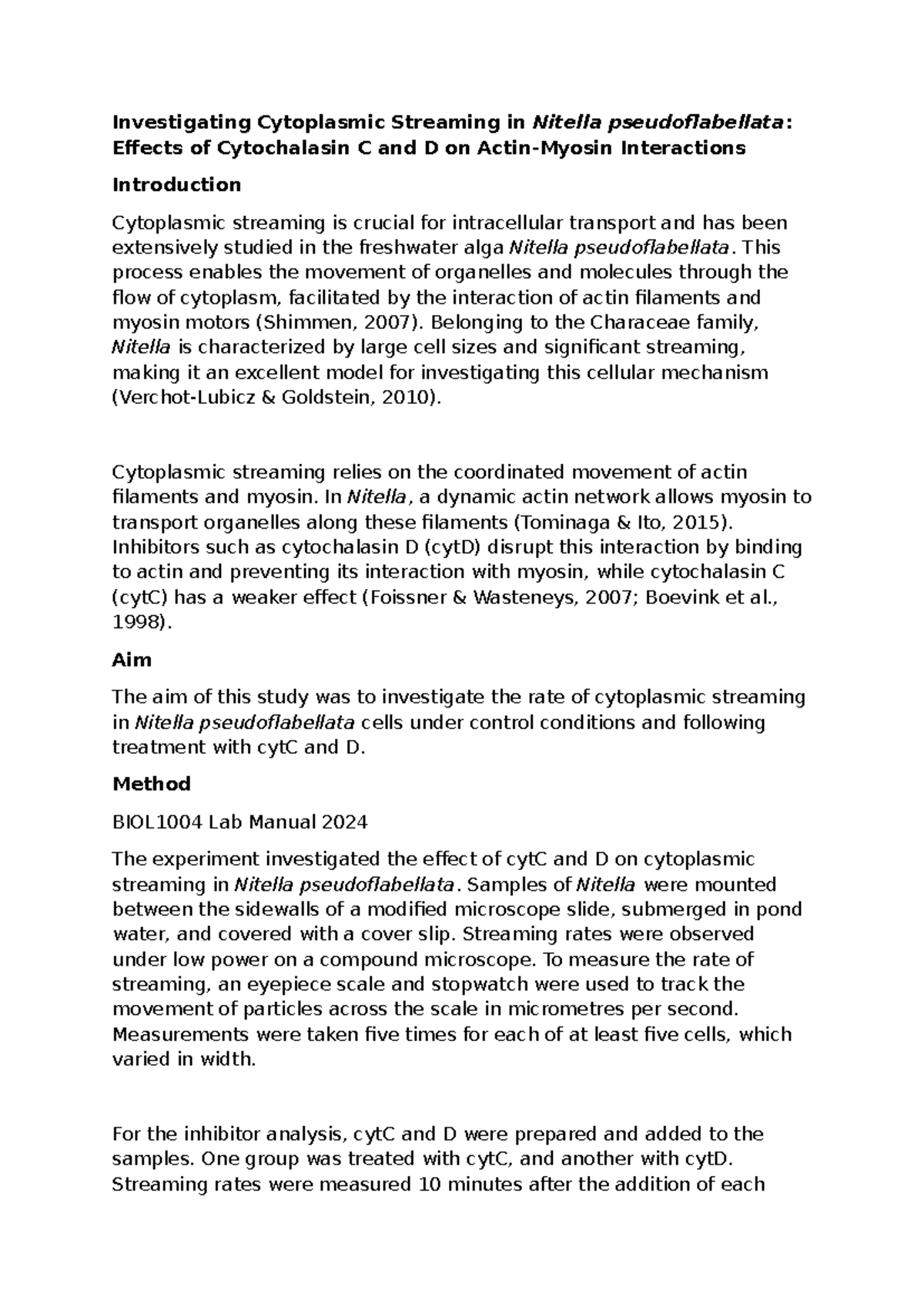 BIOL Assignment 3 - Investigating Cytoplasmic Streaming in Nitella ...