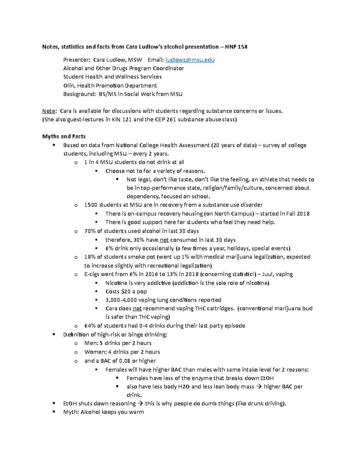 Ludlow's notes - guest speaker - Notes, statistics and facts from Cara ...