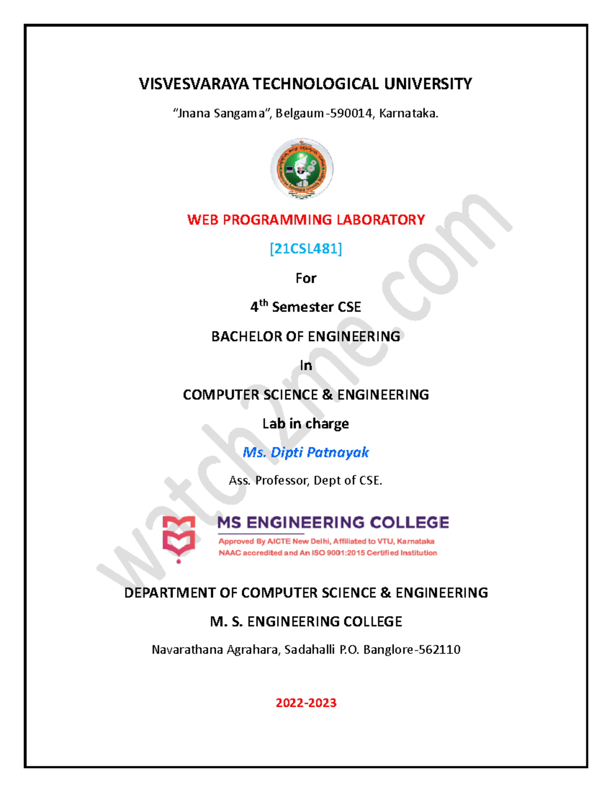 Watch 2me @ web lab manual 2021 scheme - VISVESVARAYA TECHNOLOGICAL ...