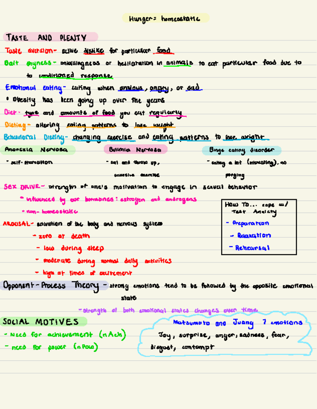 Notes in class Psychology 21 - Hun ger Womeostaric TAsSte AND PLENTY ...