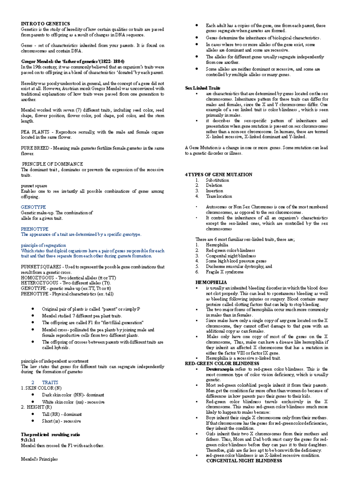 Gen bio 2 - General biology 2 - INTRO TO GENETICS Genetics is the study ...