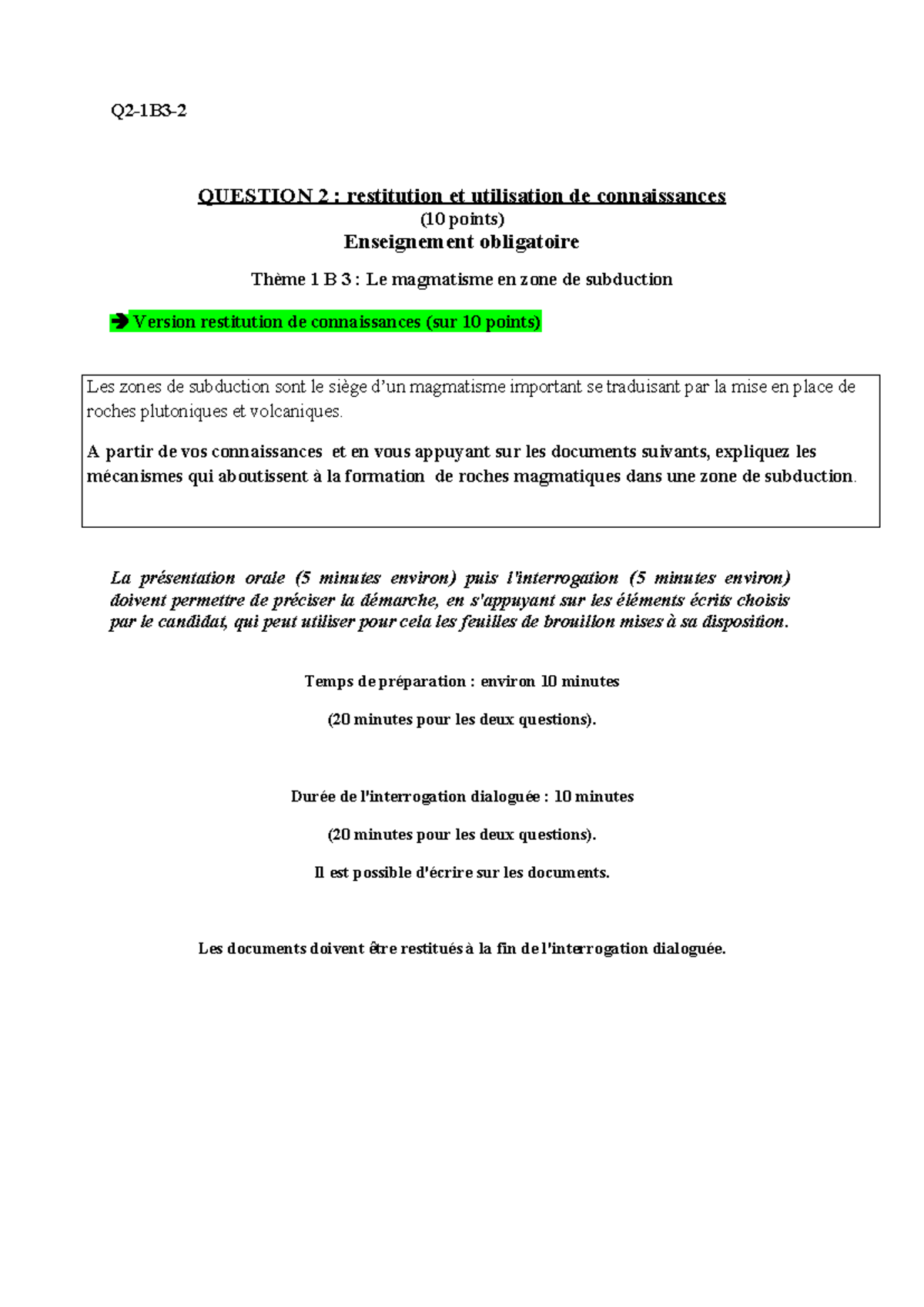 Subduction - Hbb’kk - Q2-1B3- QUESTION 2 : restitution et utilisation ...
