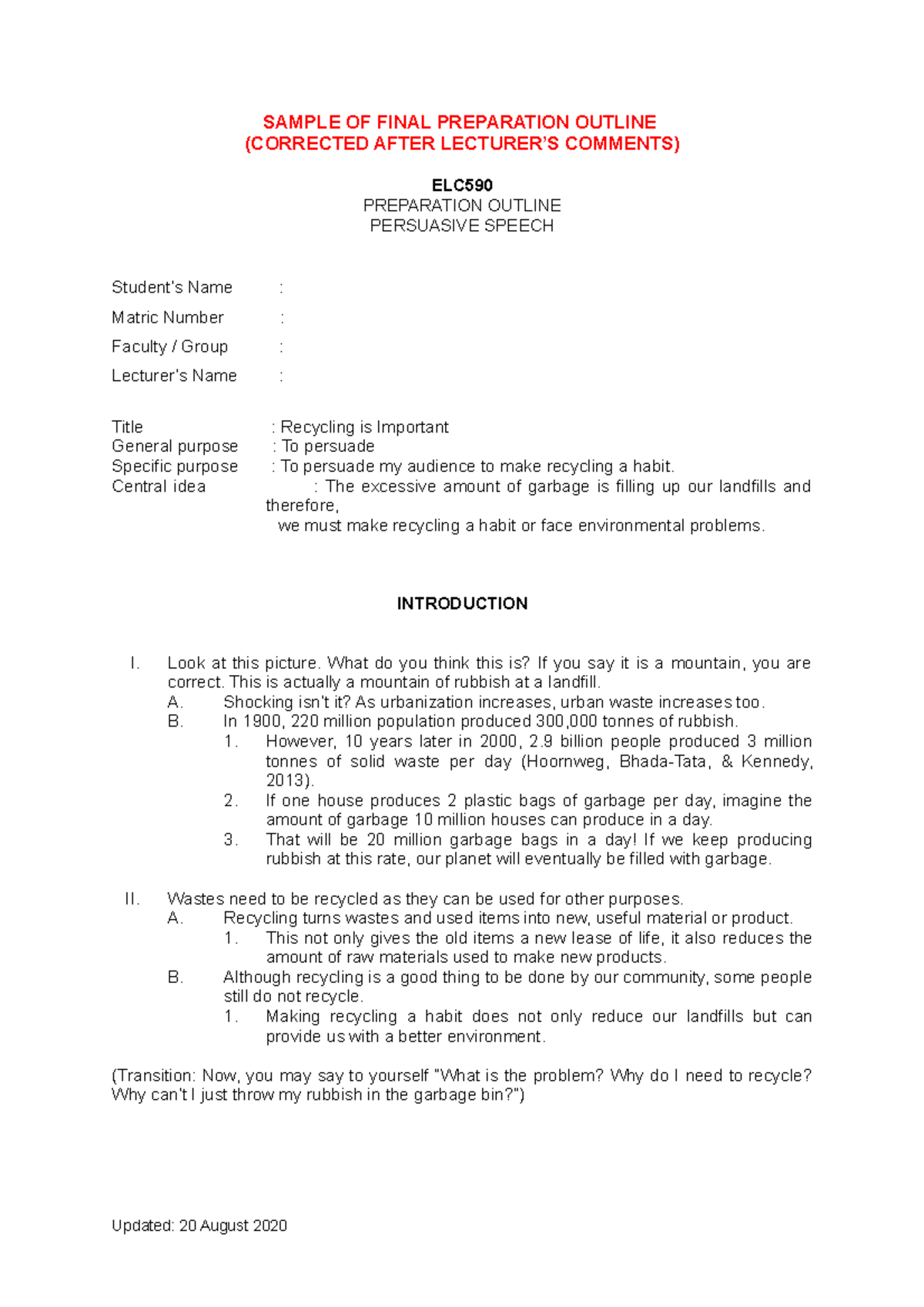 PS PREP Outline Sample Recycling is Important (2008 20) - SAMPLE OF ...