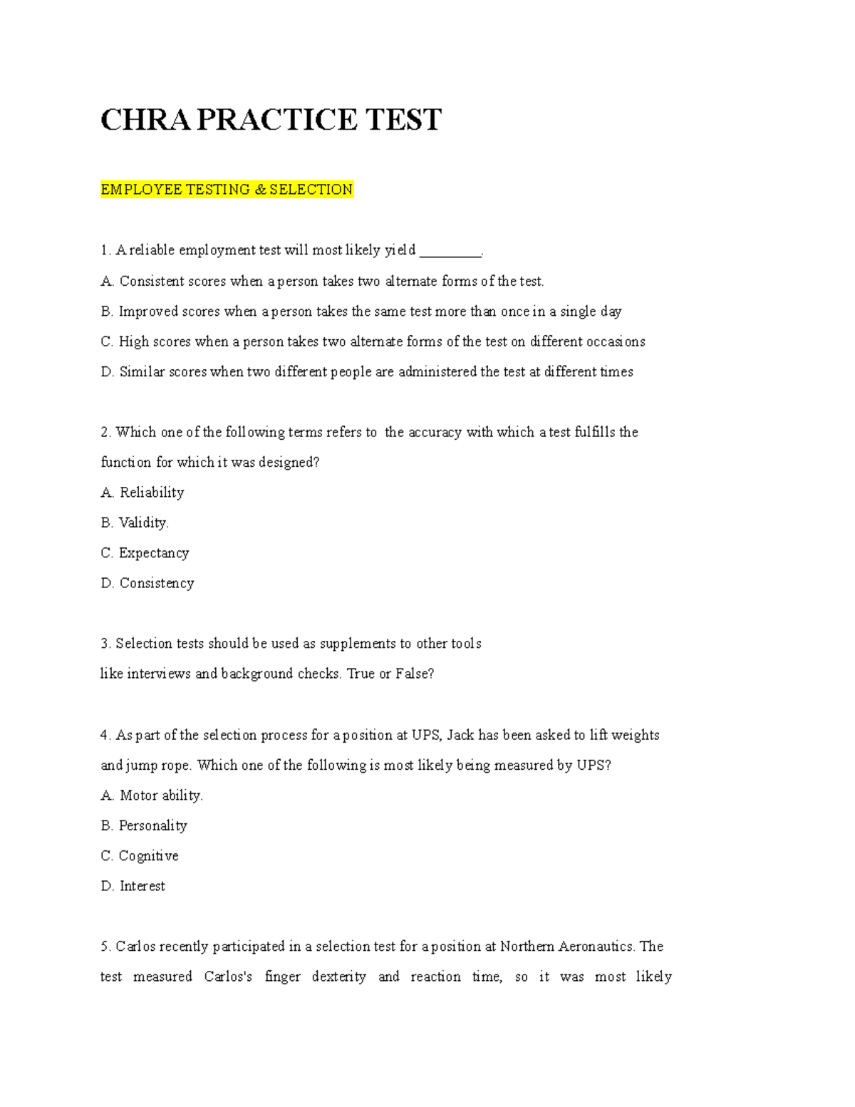 HRM NOTES DRILLS - SAMPLE HANDS OUTS - CHRA PRACTICE TEST EMPLOYEE ...