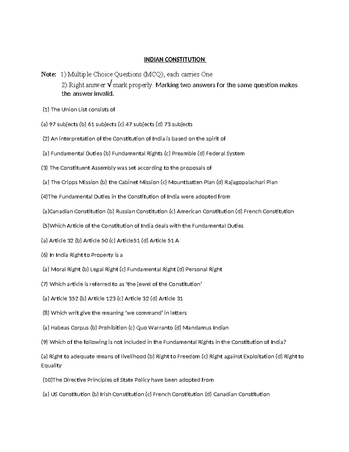 Preparatory Exam QP - Ndndnd - INDIAN CONSTITUTION Note: 1) Multiple ...