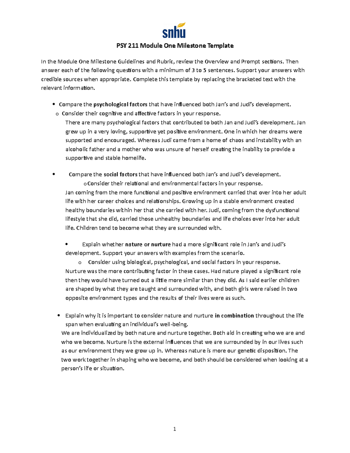 PSY 211 Module One Milestone - Then answer each of the following ...