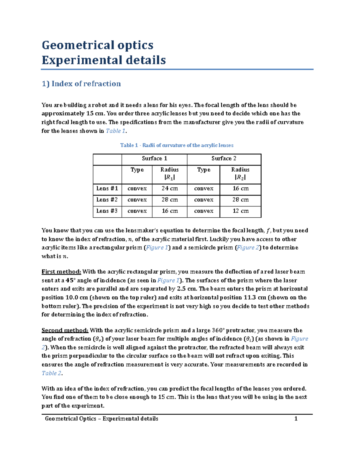 Geometrical optics - Experimental details - The focal length of the ...