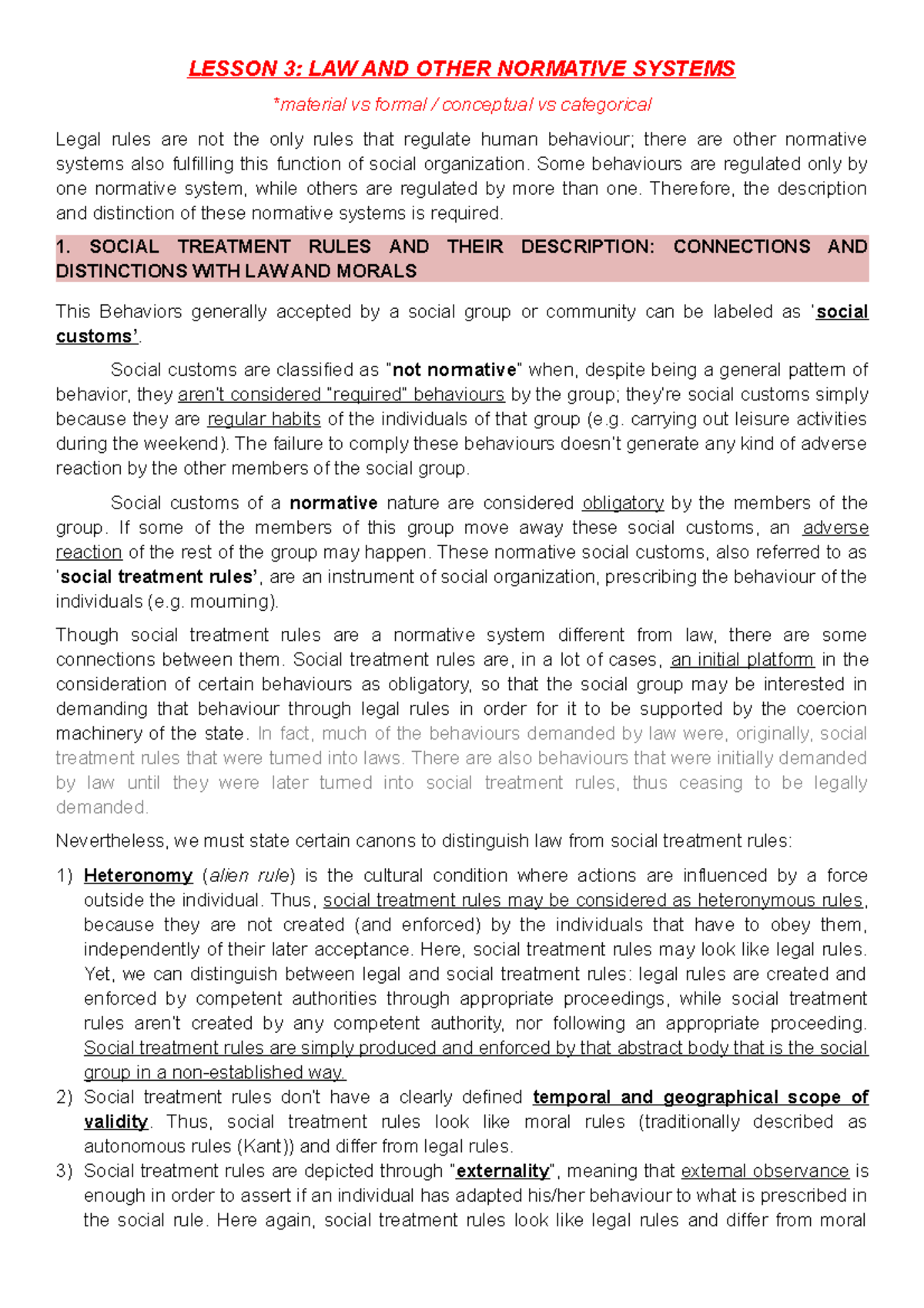 Lesson 3 - LESSON 3: LAW AND OTHER NORMATIVE SYSTEMS *material vs formal / conceptual vs ...