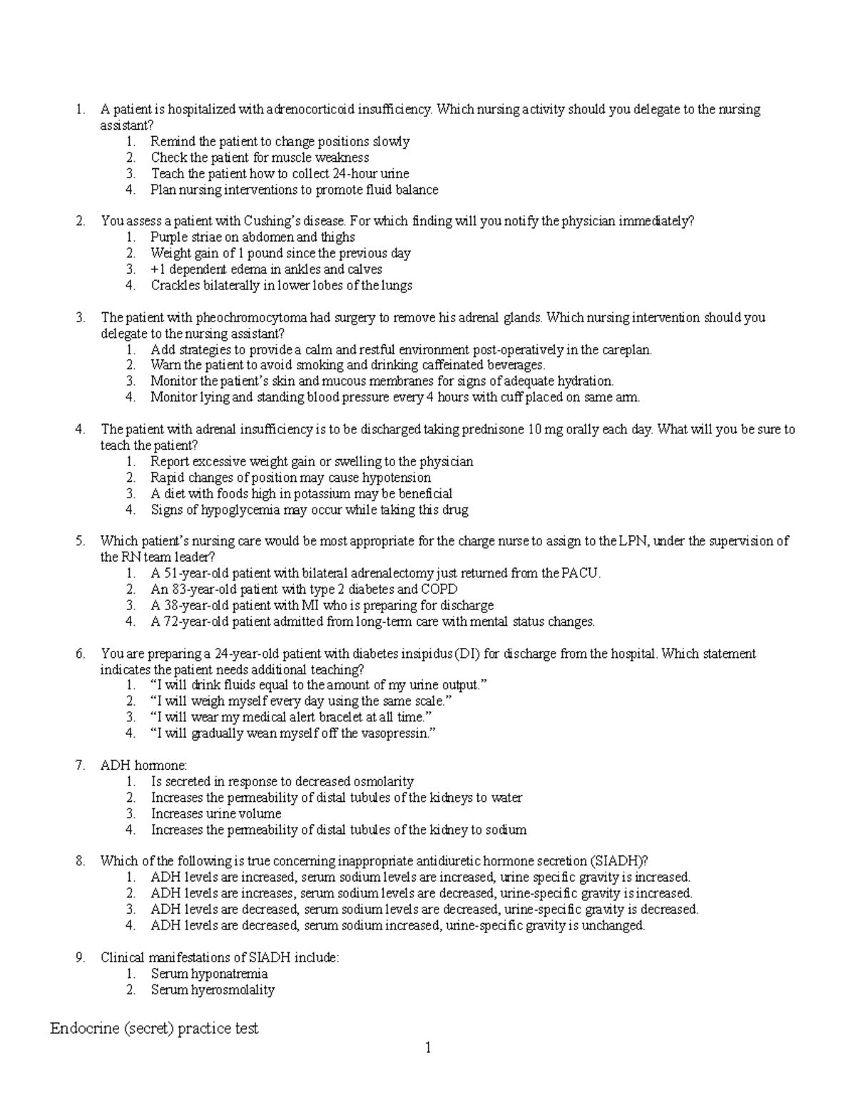 Secret-endo-test - Unit 2 Practice Q's for NURS 1410: Adult 2 - A ...