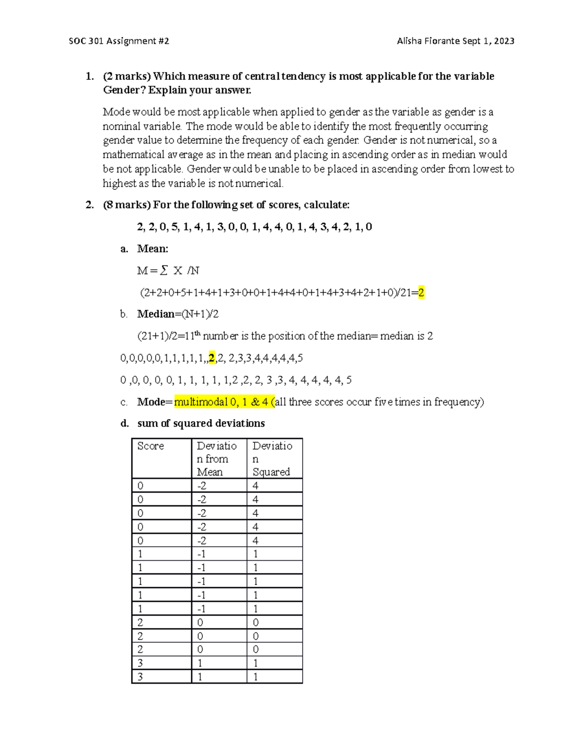 SOC 301 Assignment 2 - (2 marks) Which measure of central tendency is ...