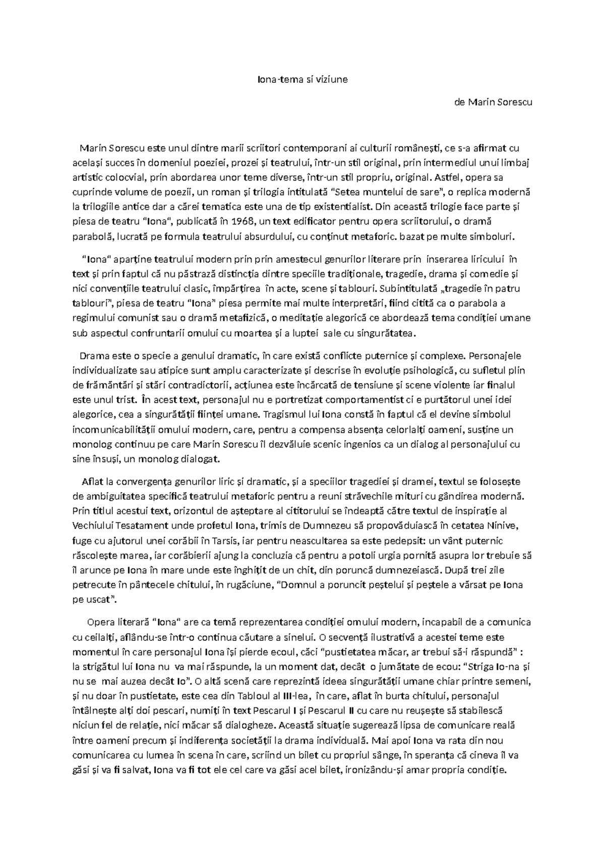 Iona-tema si viziune - eseu - Iona-tema si viziune de Marin Sorescu Marin Sorescu este unul ...