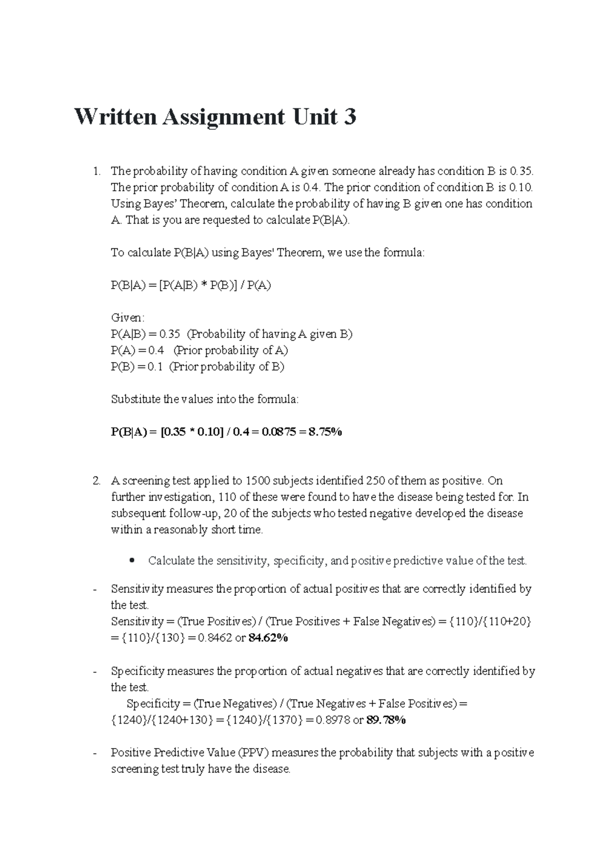 HS 4510-01 - AY2024-T4 Written Assignment Unit 3 - Written Assignment Unit 3 1. The probability ...