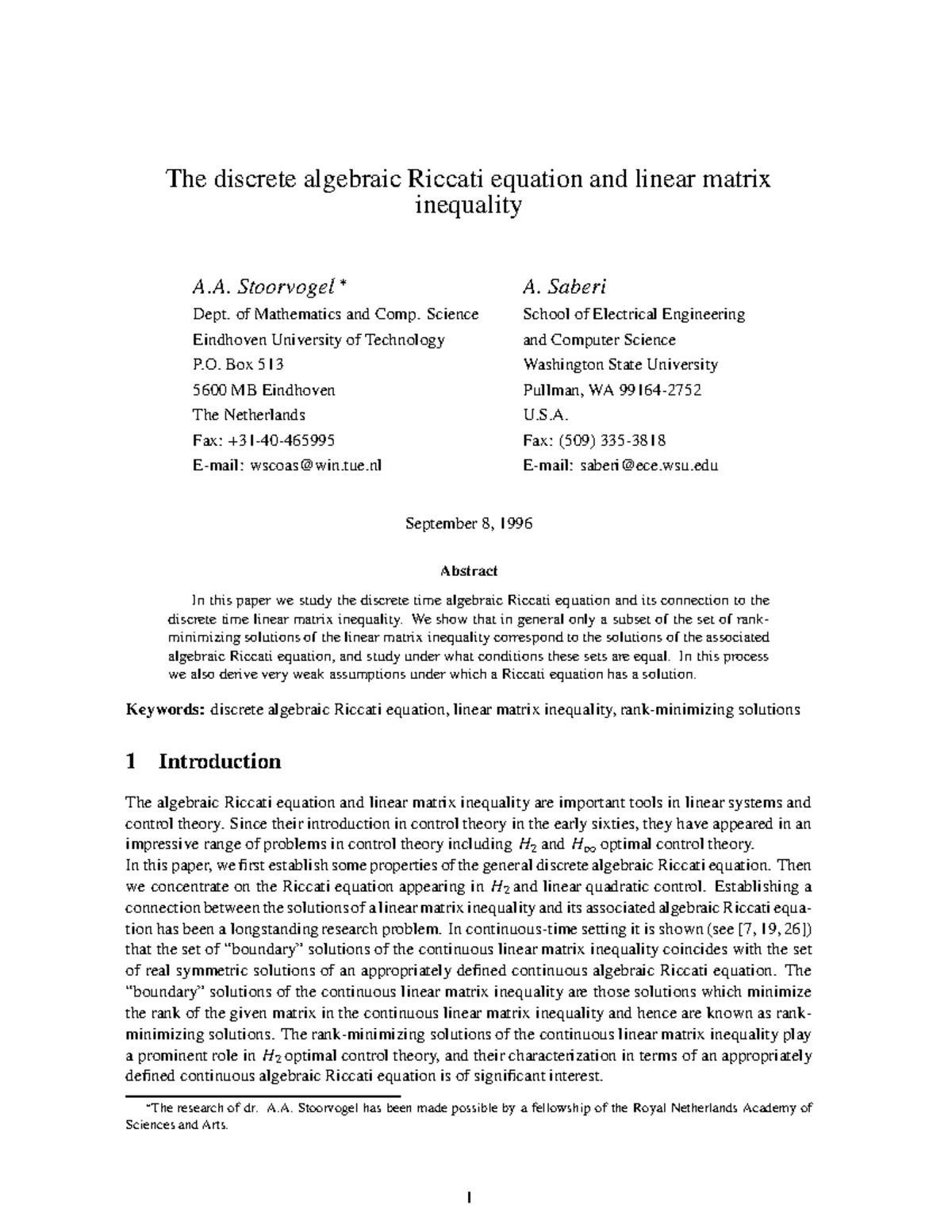 Stoorvogel Saberi 1998 The Discrete Algebraic Riccati Equation And Linear Matrix Inequality
