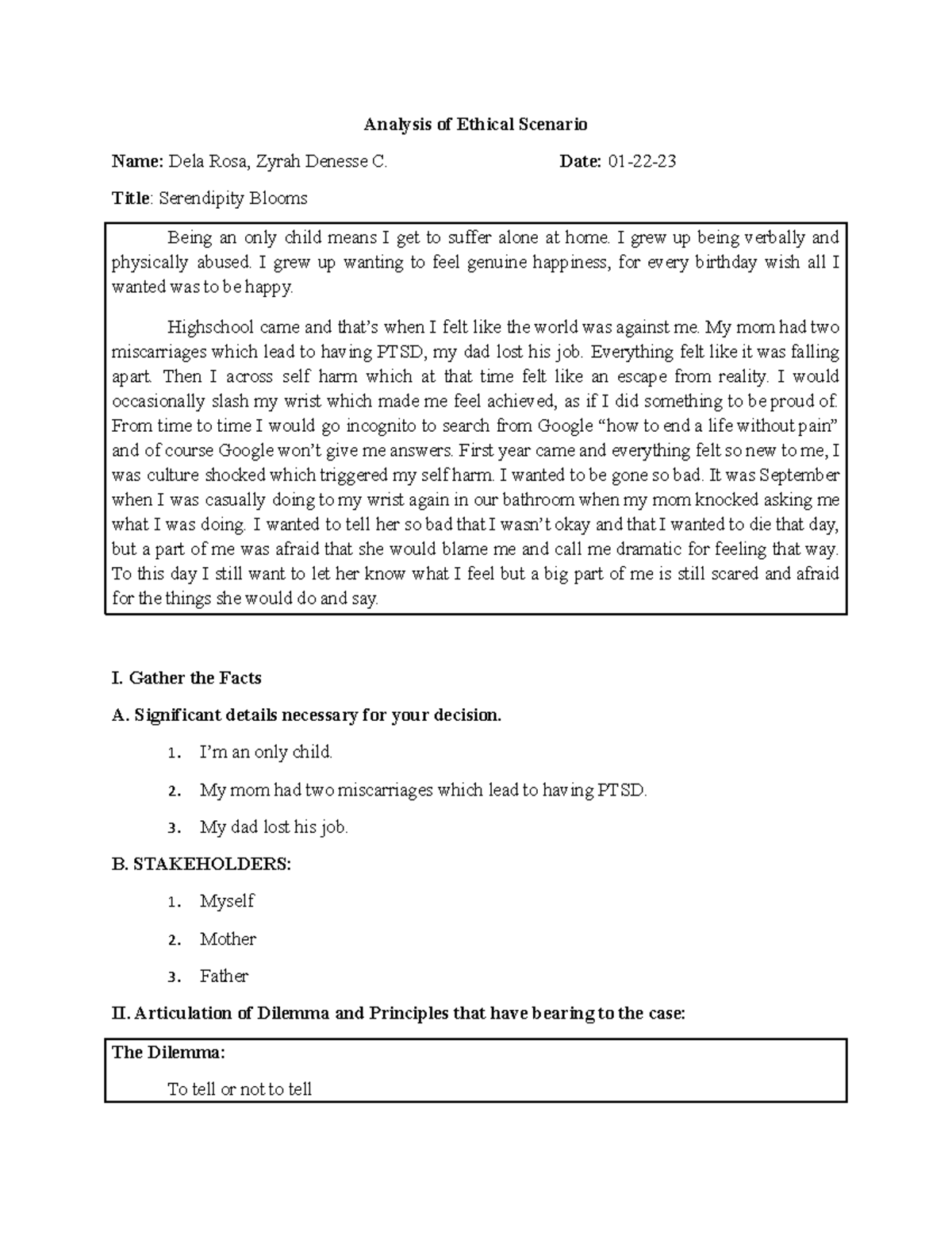 Analysis of Ethical Scenario (Dela Rosa, Zyrah Denesse C - Date: 01-22 ...