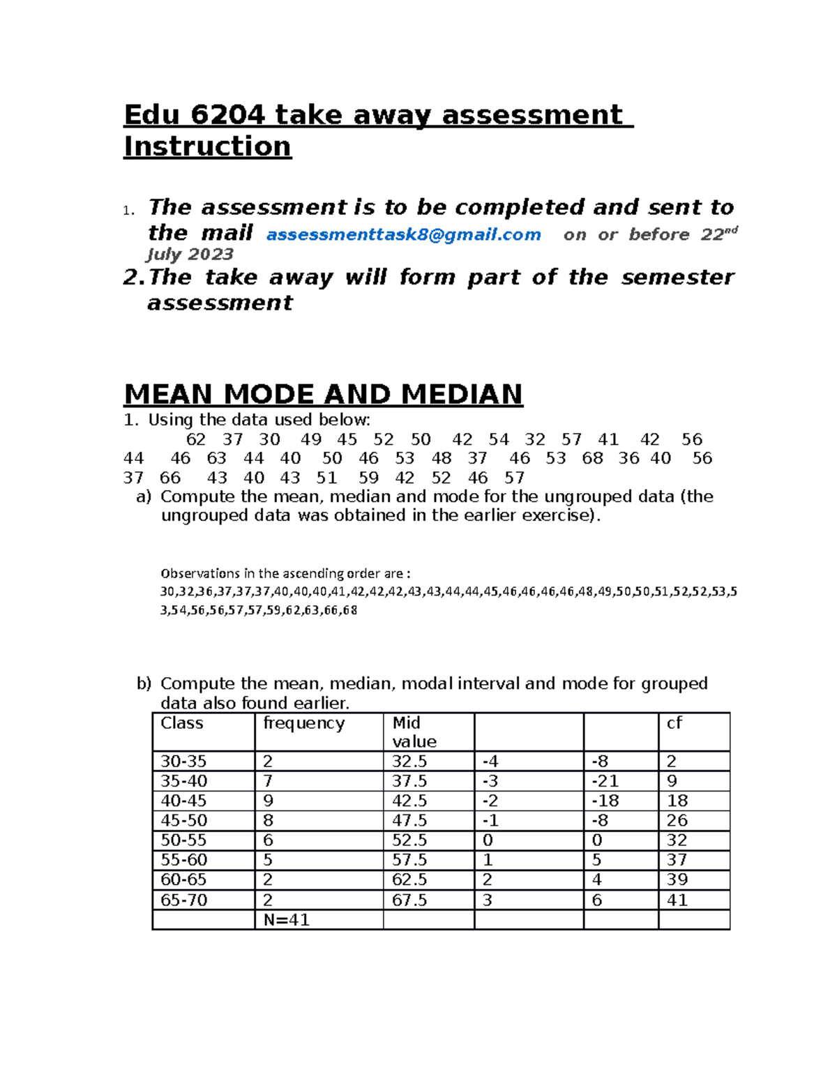 Statistics Revision TASK 7 - Edu 6204 take away assessment Instruction ...