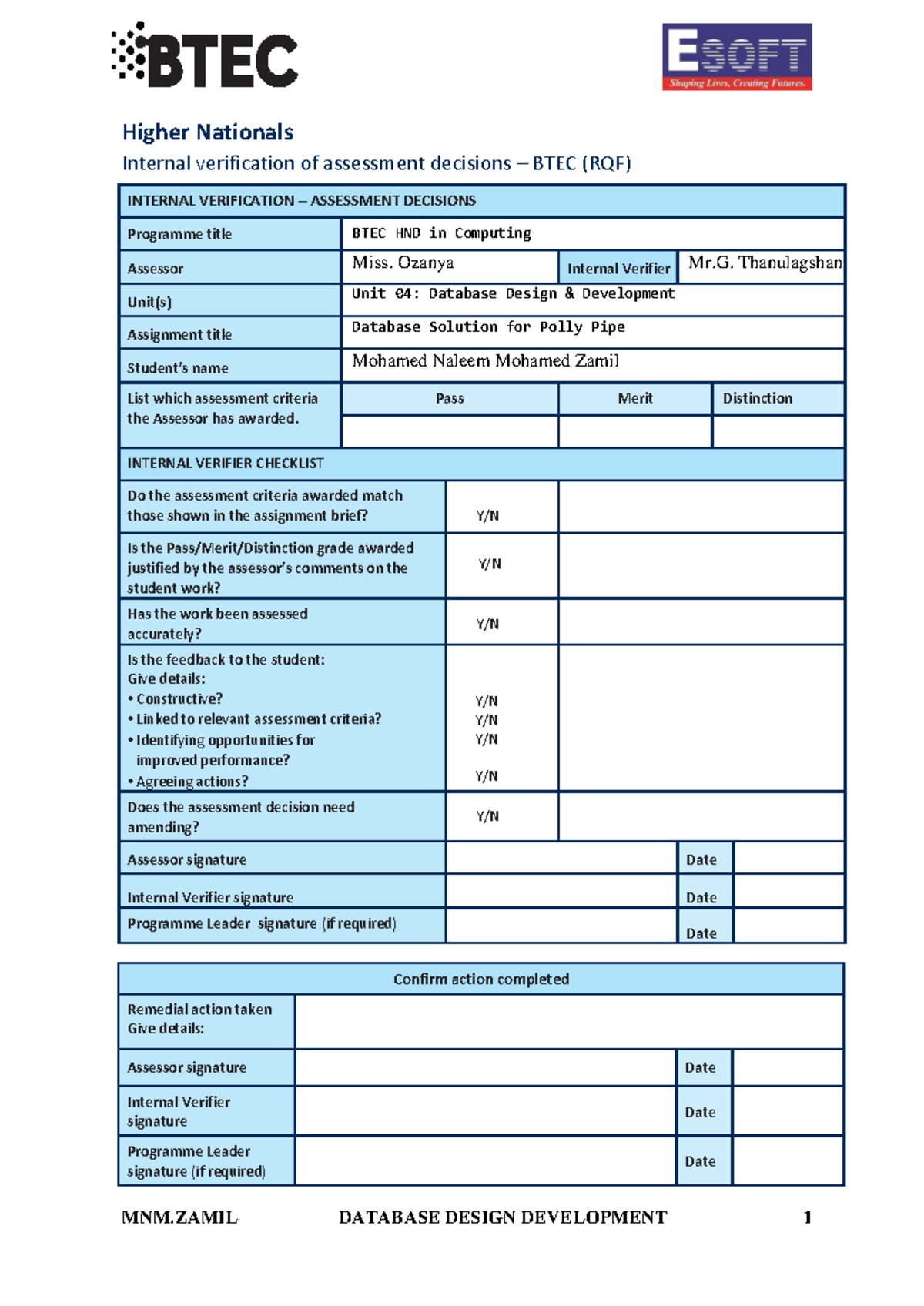 Database Design Development BAT00077484 Mohamed Naleem Mohamed Zamil - Higher Nationals Internal ...