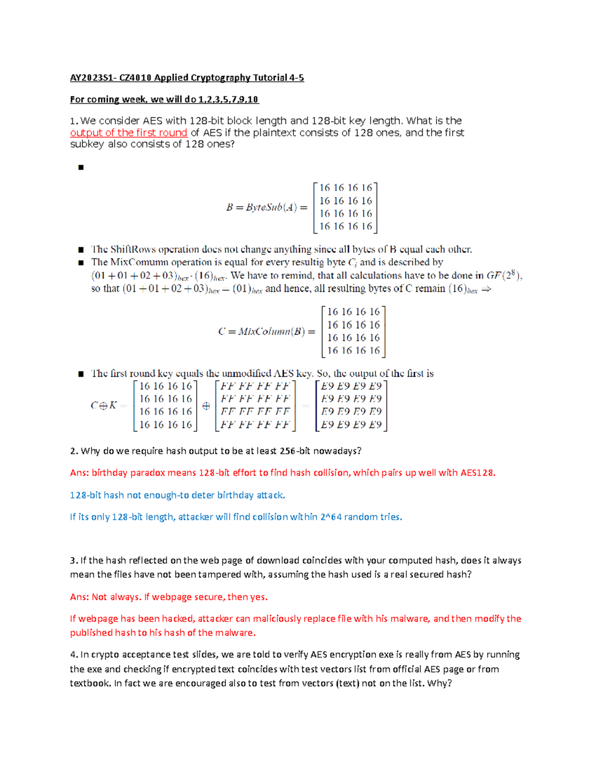 4010Tut4-5 brief solutions - AY2023S1- CZ4010 Applied Cryptography Tutorial 4- For coming week ...