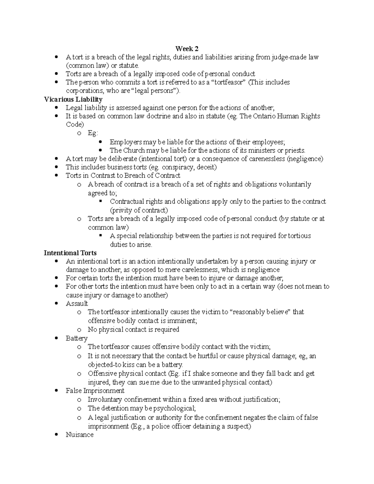 LAW 321 week 2 - Notes - Week 2 A tort is a breach of the legal rights ...