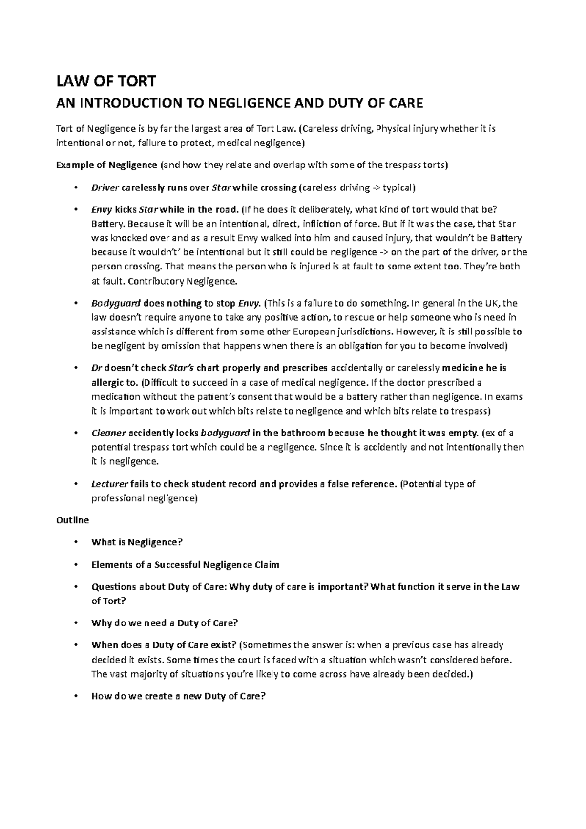 Introduction to Negligence and Duty of Care - LAW OF TORT AN ...