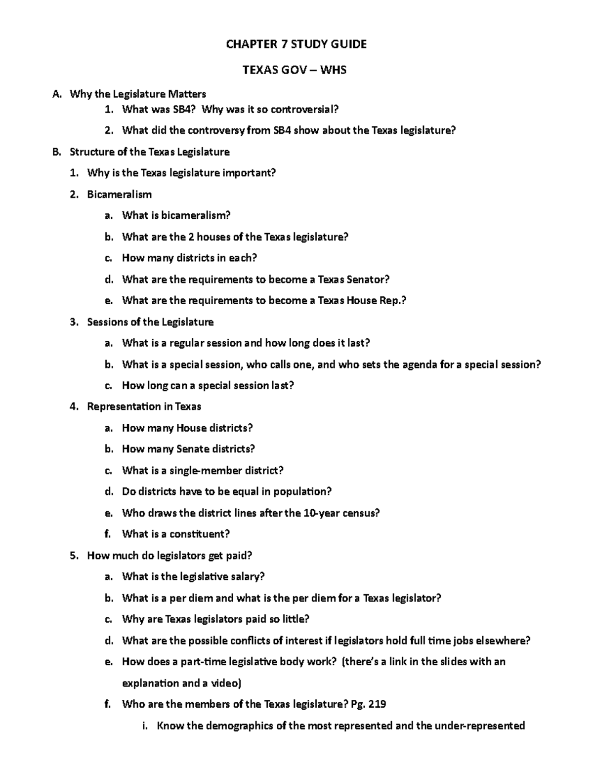 Chapter 7 Study Guide - CHAPTER 7 STUDY GUIDE TEXAS GOV – WHS A. Why ...