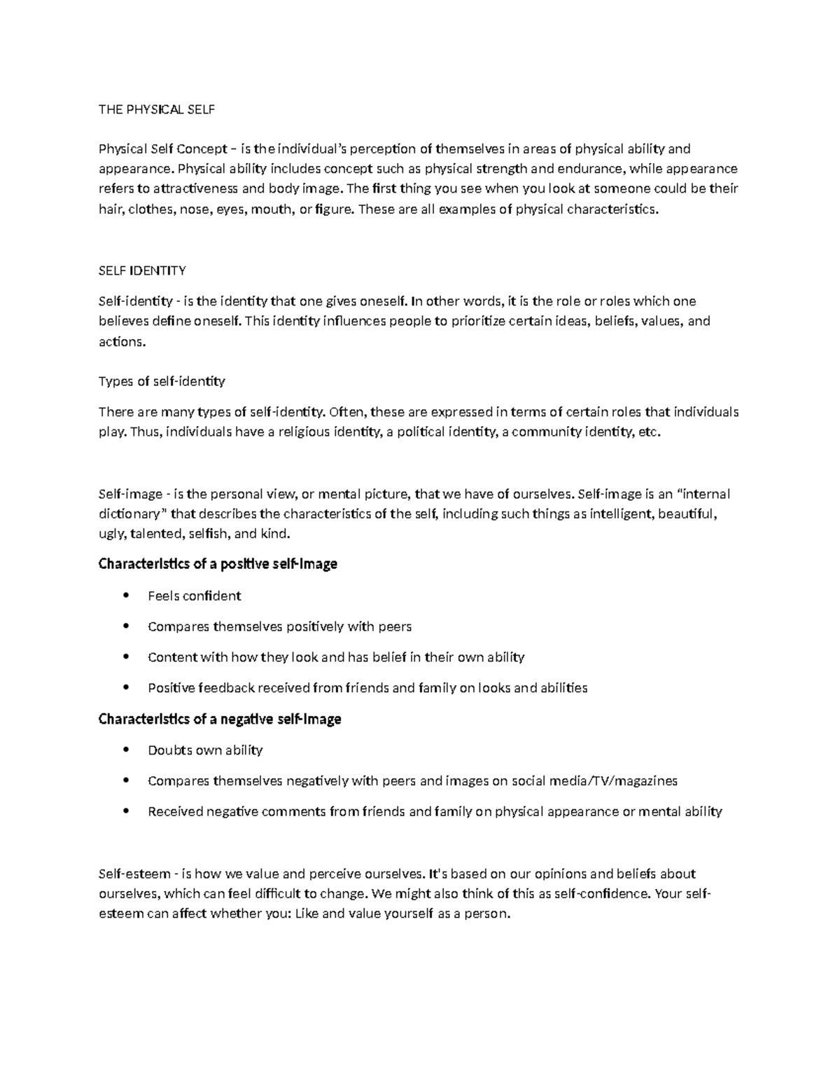 THE Physical SELF - Note - THE PHYSICAL SELF Physical Self Concept – is ...