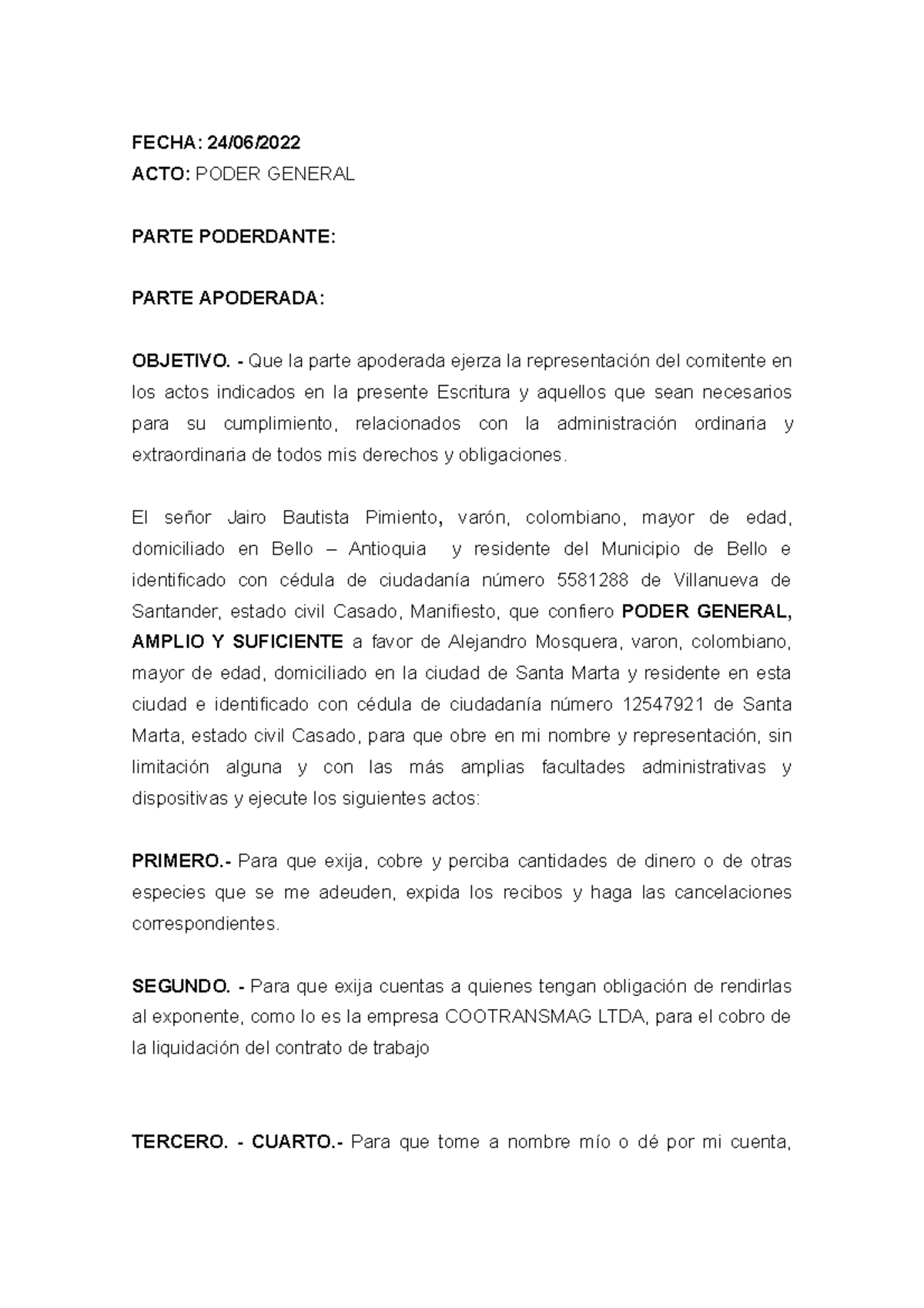 Modelo Poder General Corto - FECHA: 24/06/ ACTO: PODER GENERAL PARTE ...