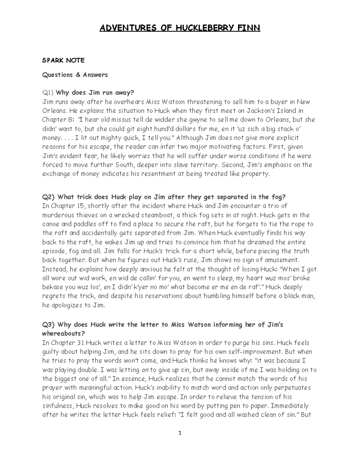 Spark Notes Huckleberry Finn - ADVENTURES OF HUCKLEBERRY FINN SPARK ...