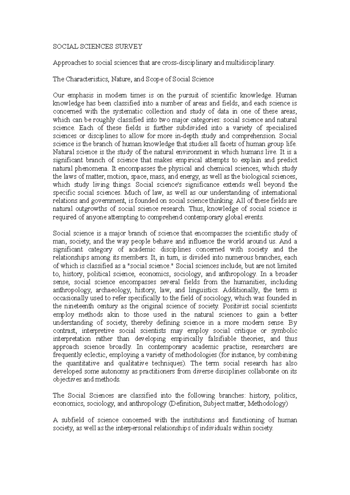 Social Sciences Survey - SOCIAL SCIENCES SURVEY Approaches to social ...